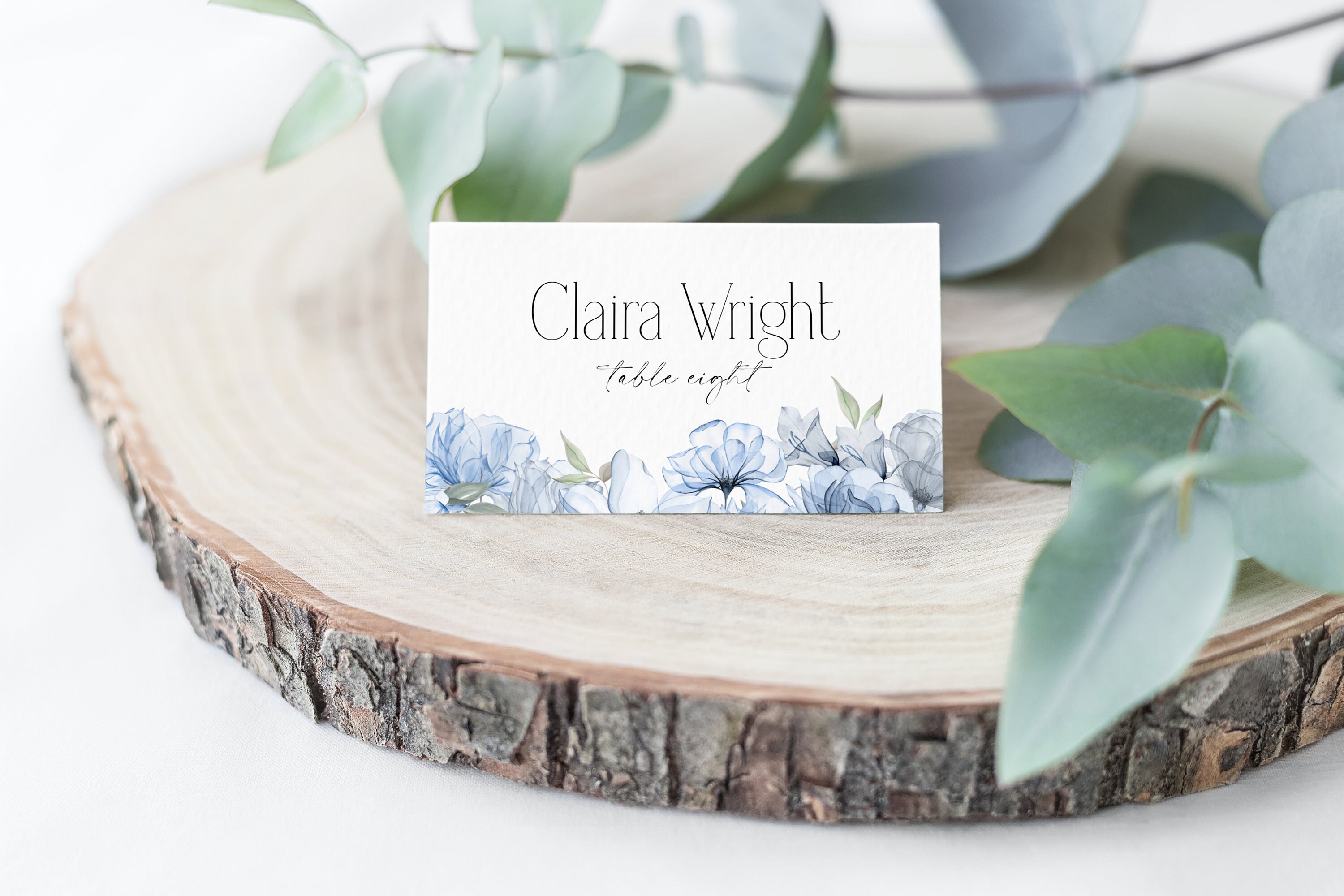 Dusty Blue Wedding Place Cards Template, Bohemian Wedding Name Cards ...