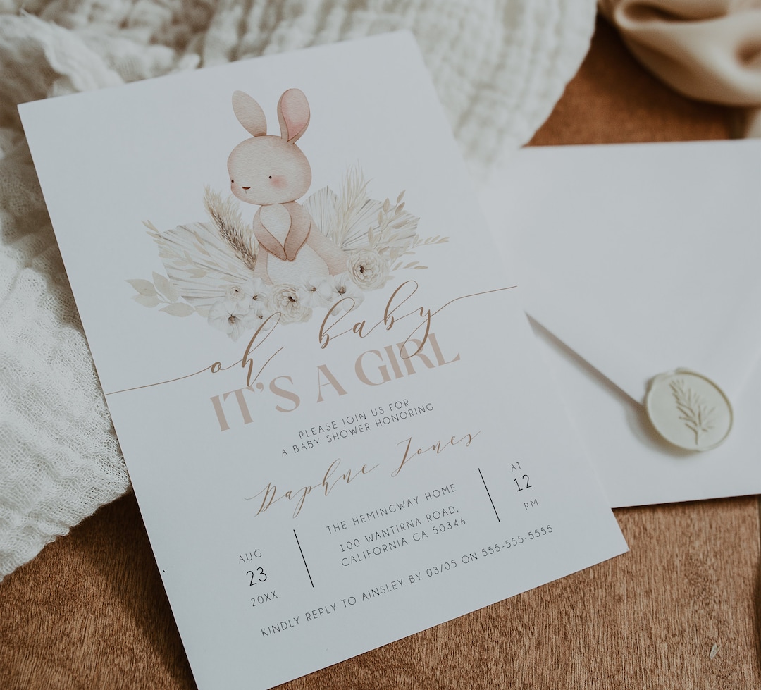 Bunny Baby Shower Invitation Template, It's a Girl Bunny-themed Baby ...