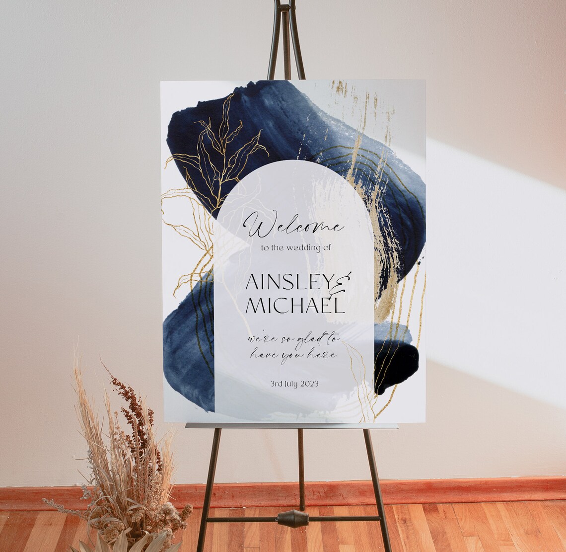 Navy & Gold Wedding Welcome Sign, Navy Blue Watercolor Welcome Sign ...