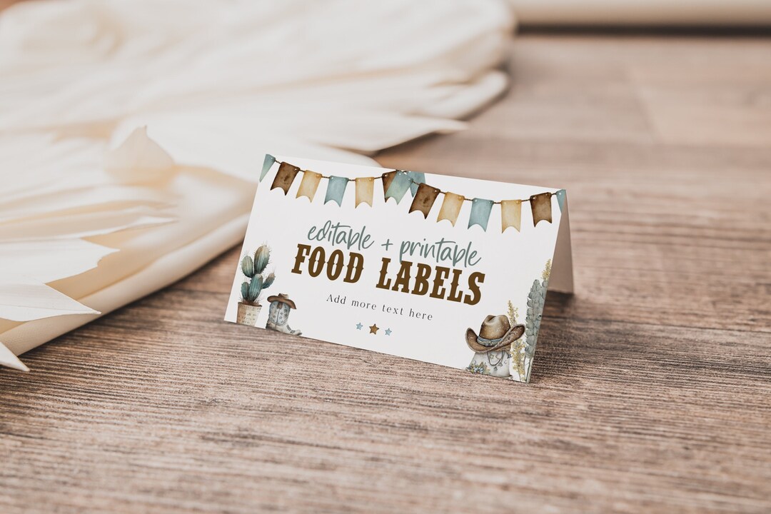 Cowboy Editable Food Labels, Western Themed Birthday Place Cards, 1st ...