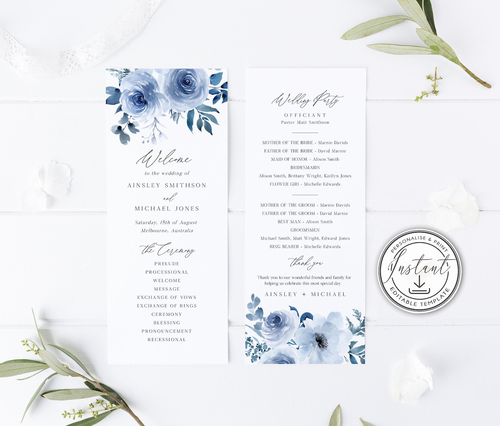 Dusty Blue Wedding Program Editable Template Modern Rustic - Etsy