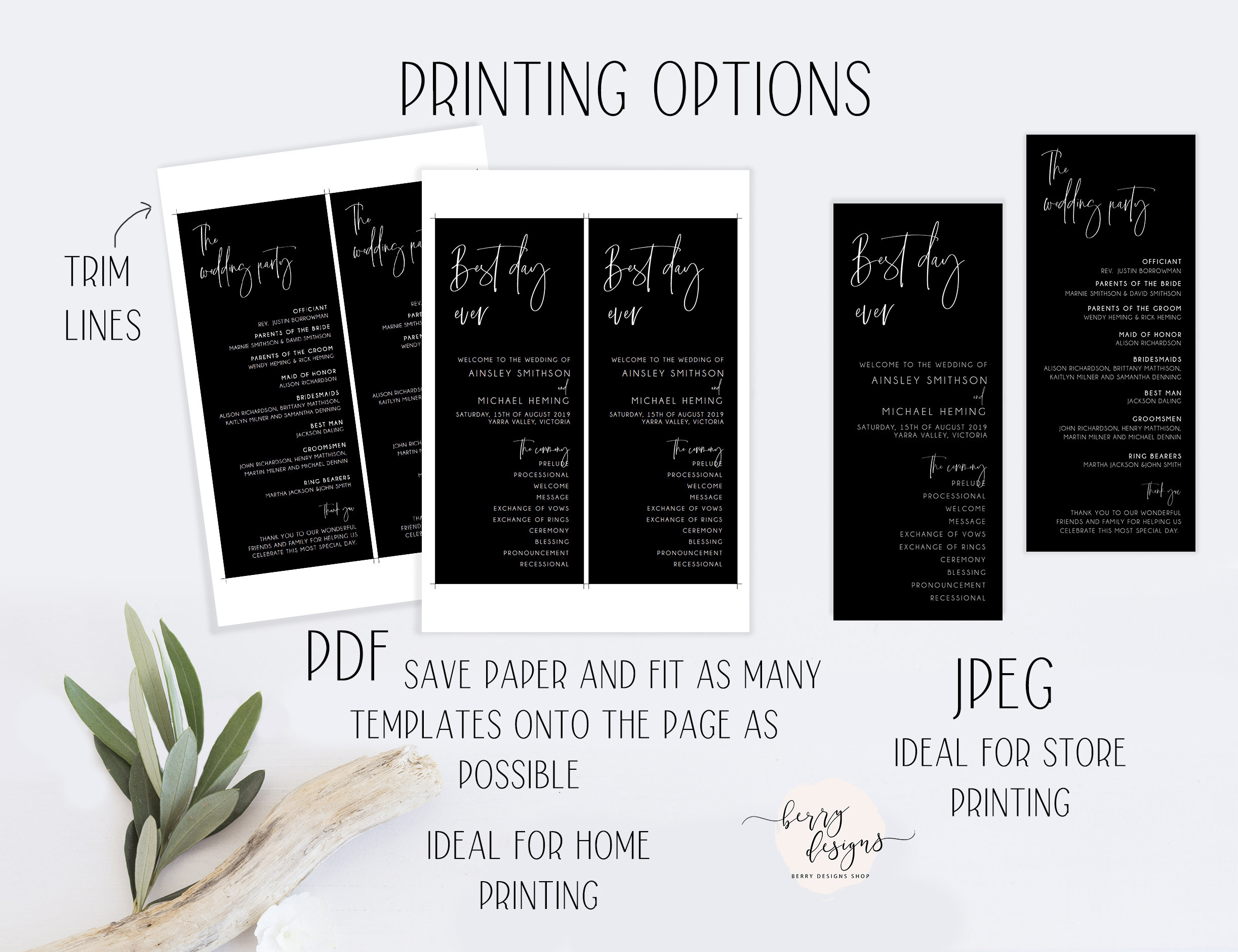 Black Modern Wedding Program Editable Template Minimalist | Etsy