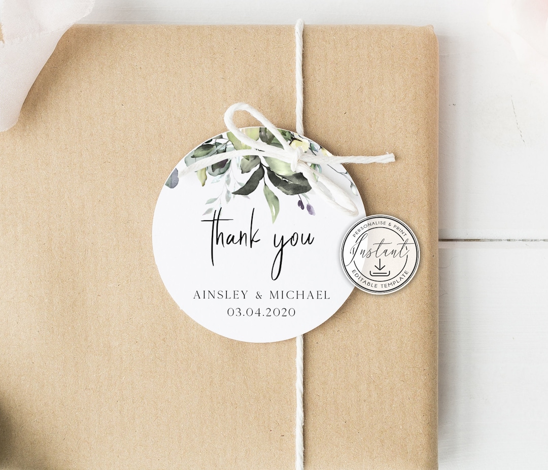 Watercolor Greenery Round Wedding Gift Tag Editable Template, Instant ...