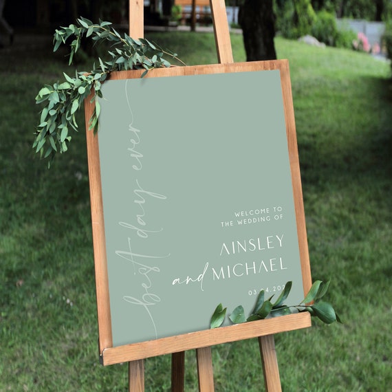 Minimalist Green Wedding Welcome Sign Modern Greenery Large | Etsy