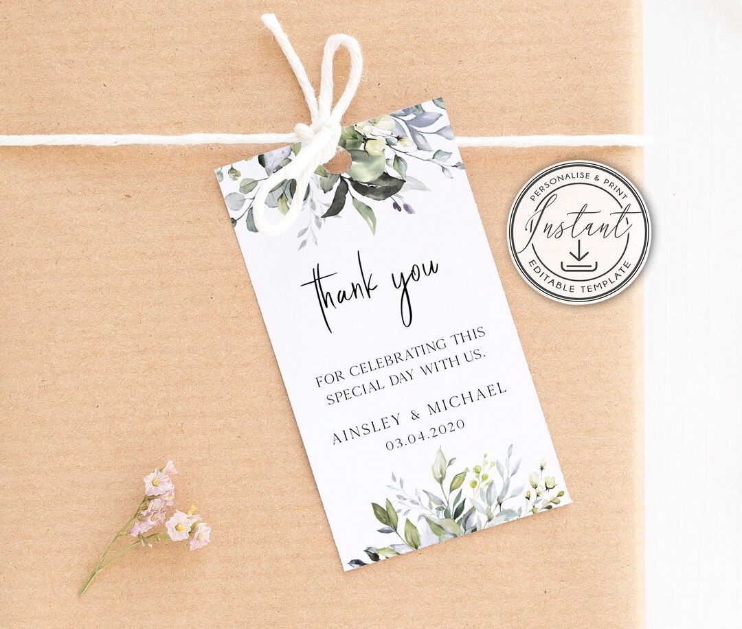 Watercolor Greenery Wedding Thank You Tag Template, Rustic Wedding ...