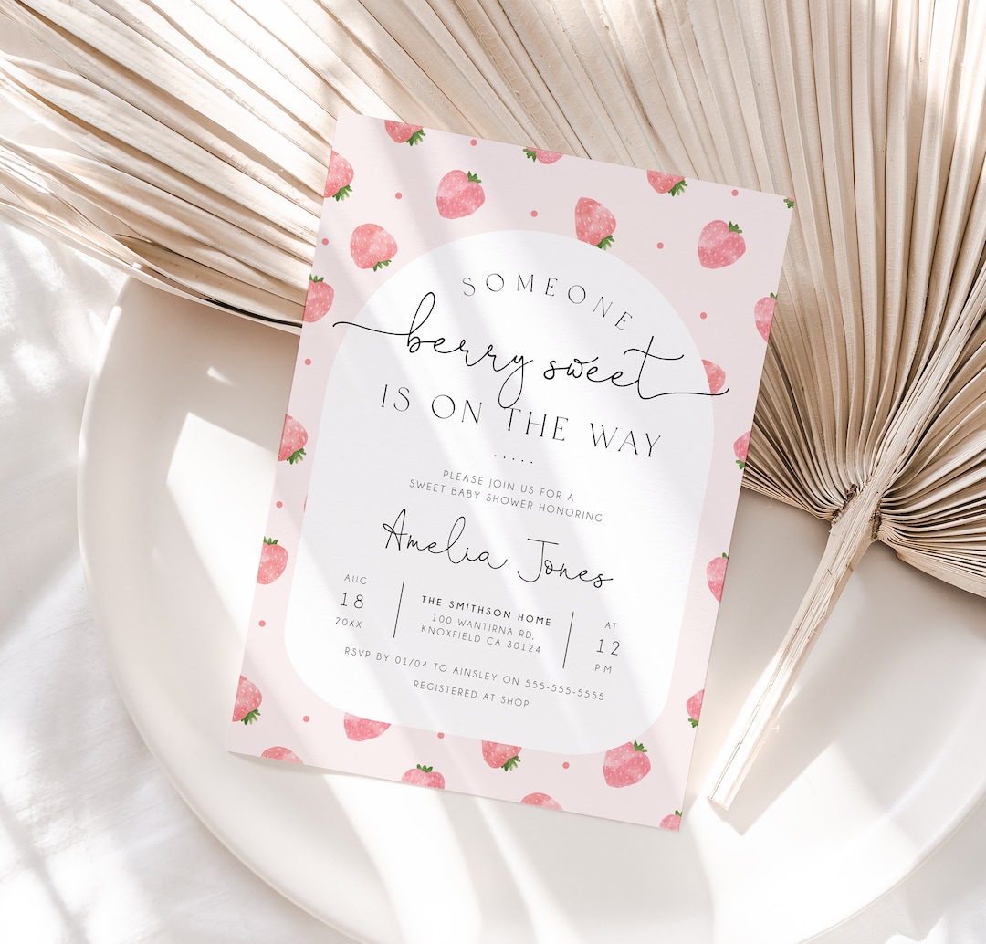 Strawberry Baby Shower Invitation Template, Berry Sweet Baby on the Way ...