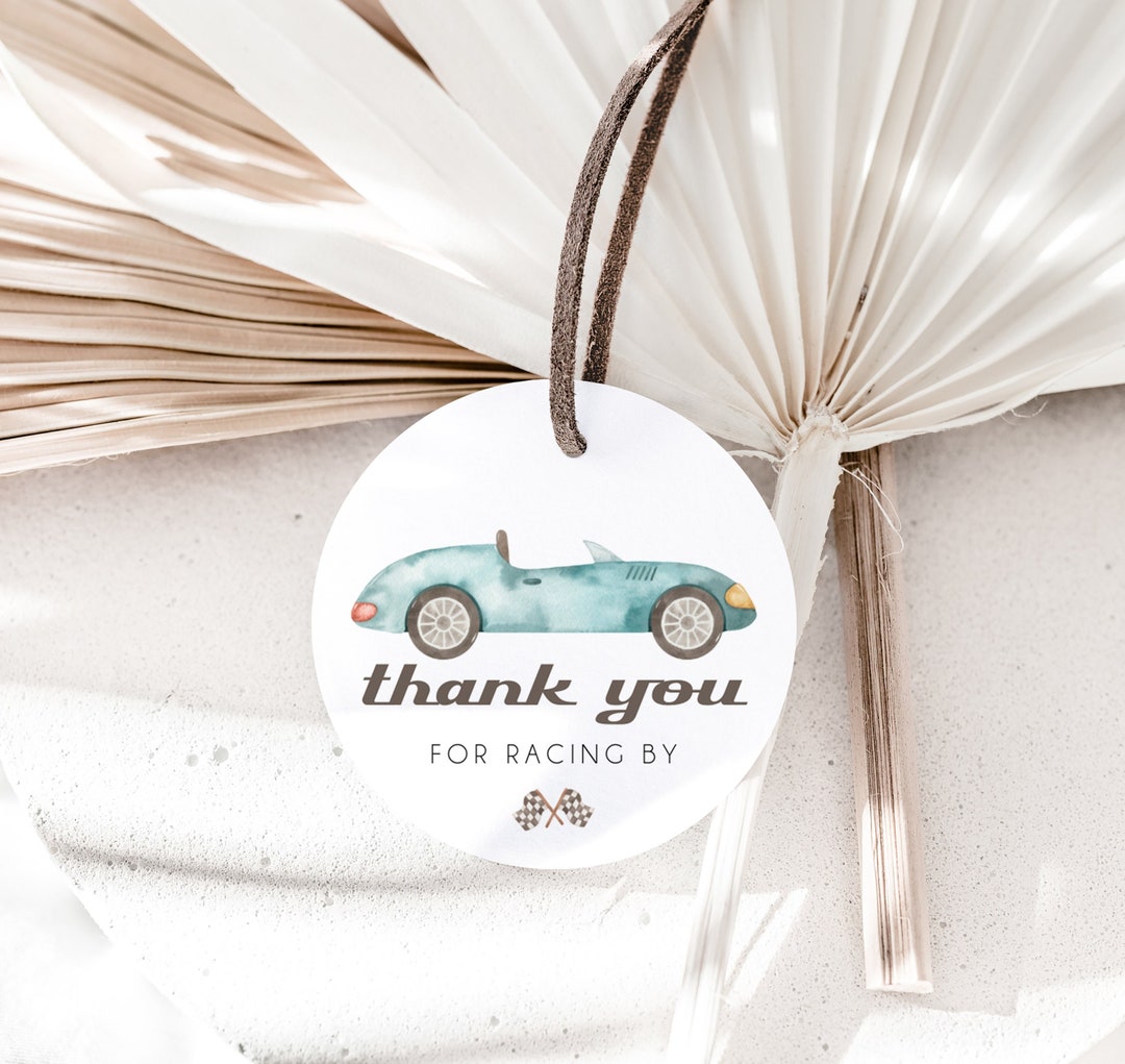 Race Car Birthday Round Thank You Favor Tag, Blue Race Car Circle Gift ...