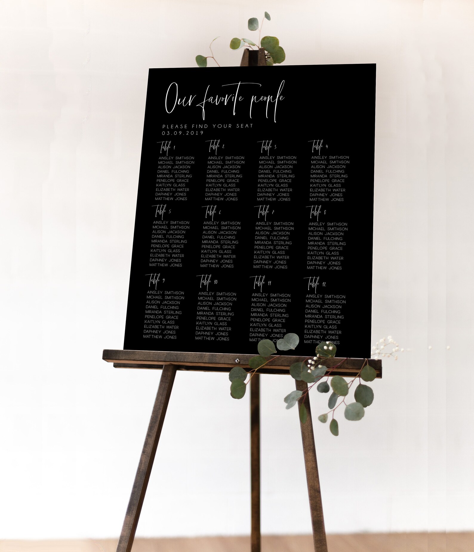 Black Modern Seating Chart Editable Template, Table Plan, Wedding Seats ...
