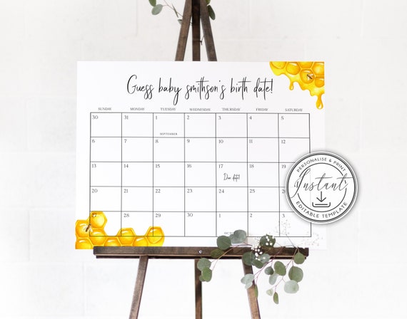 Bee Guess Baby's Due Date Calender Game Sign Editable | Etsy