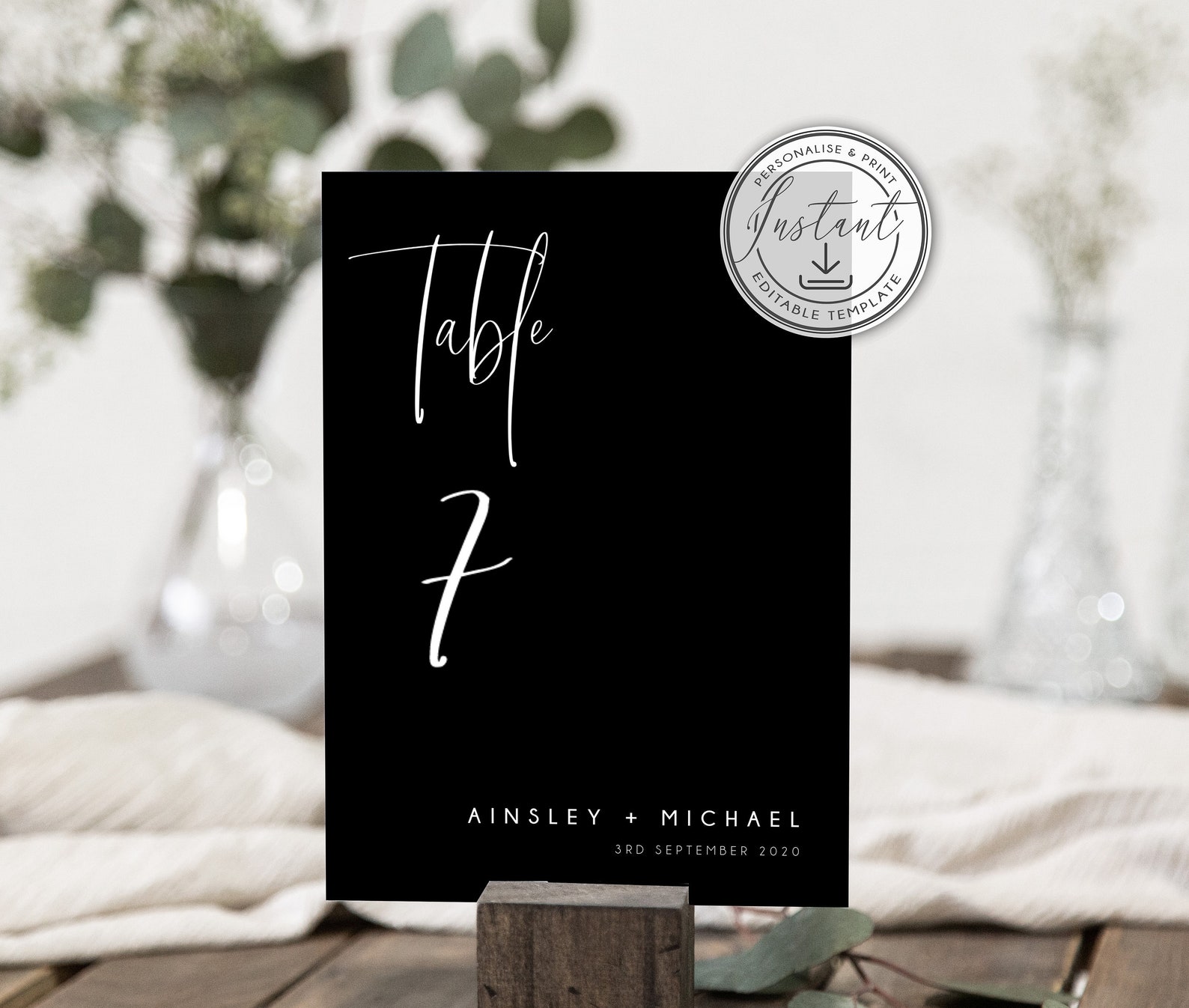 Black Modern Wedding Table Numbers Editable Template - Etsy