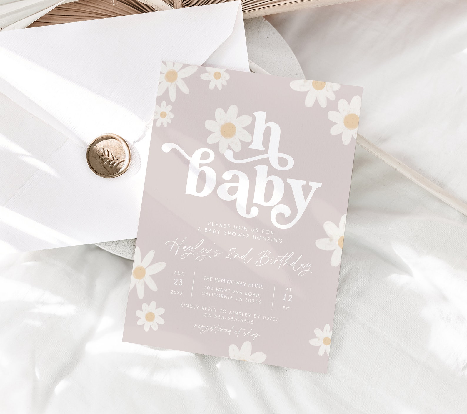 Daisy Baby Shower Invitation Template, Bohemian Oh Baby Editable ...