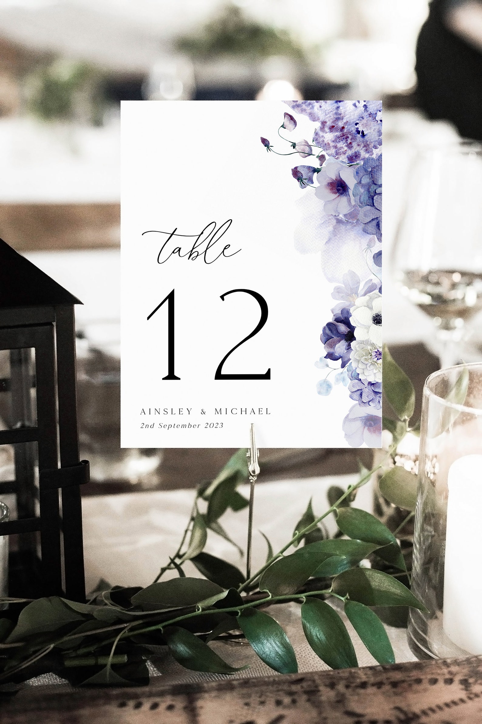 Purple Floral Wedding Table Numbers Template, Watercolor Floral Table ...