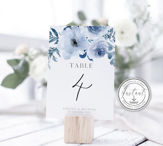 Dusty Blue Table Number Cards Editable Template Blue Floral | Etsy