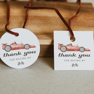 Race Car Birthday Round Thank You Favor Tag, Red Race Car Circle Gift ...