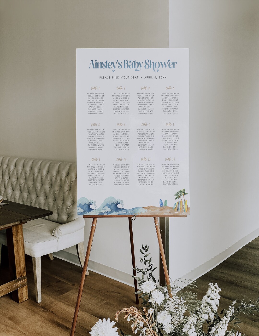 Baby on Board Editable Seating Chart, Surf Beach Baby Shower Seating ...