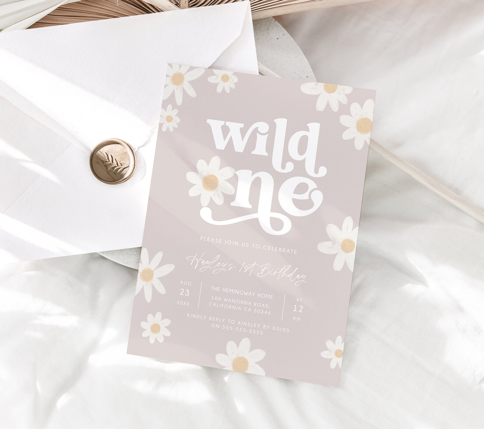 Daisy First Birthday Invitation, Wild One Floral Birthday Invite ...