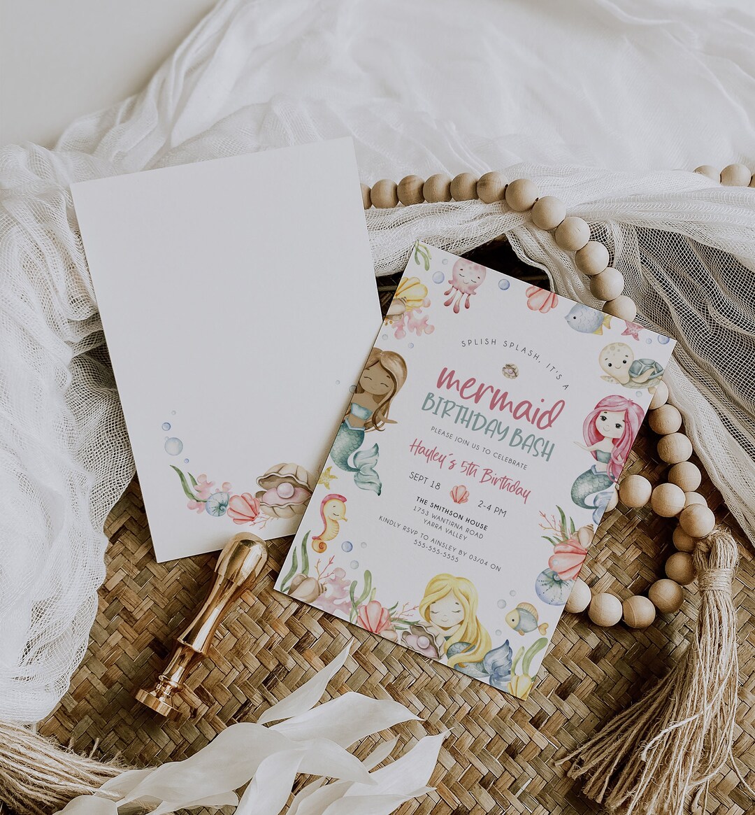 Mermaid Birthday Editable Invitation, Girls Ocean Birthday Invite, Pink ...