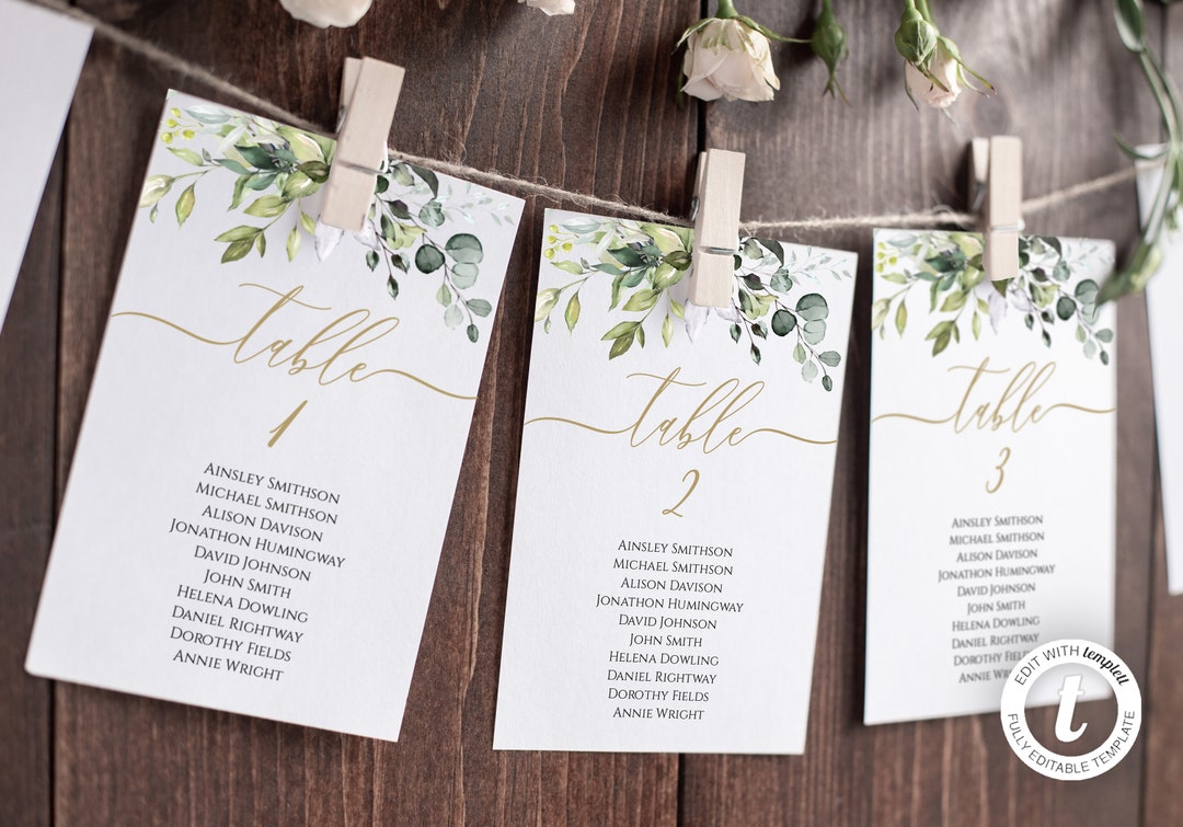 Rustic Seating Chart Template, Greenery, Editable Hanging Seating Cards ...