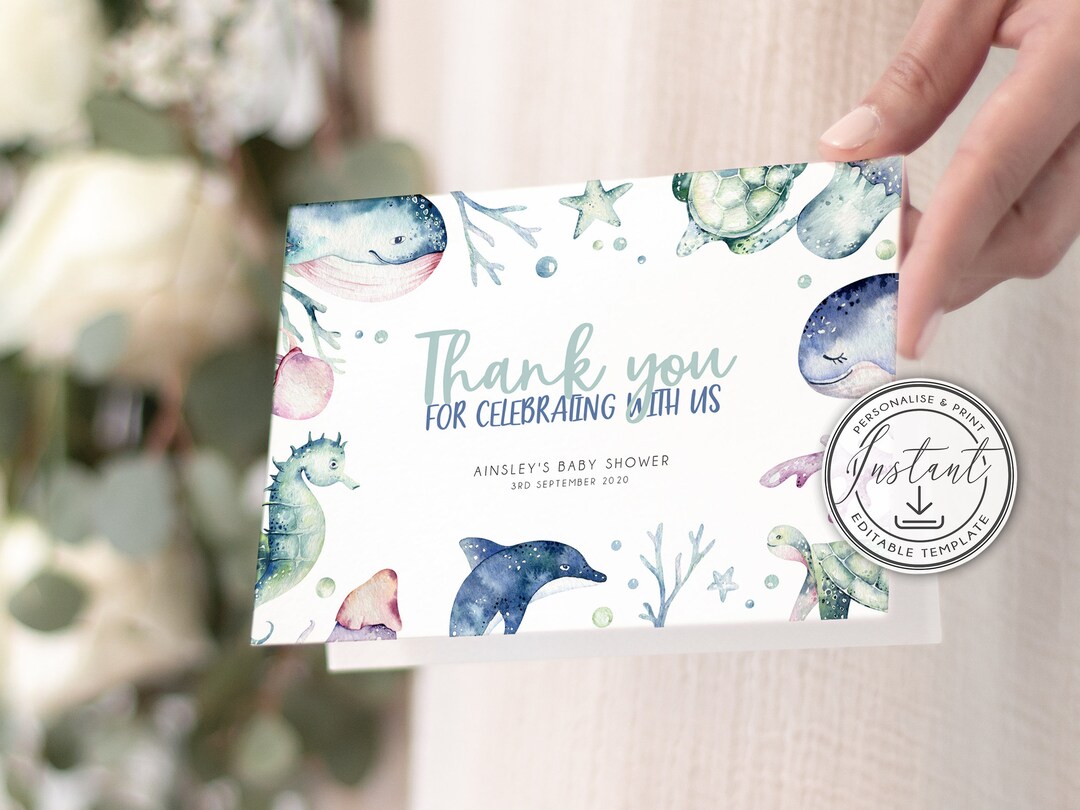 Ocean & Sea Thank You Card Editable Template, Ocean Baby Shower Thank ...