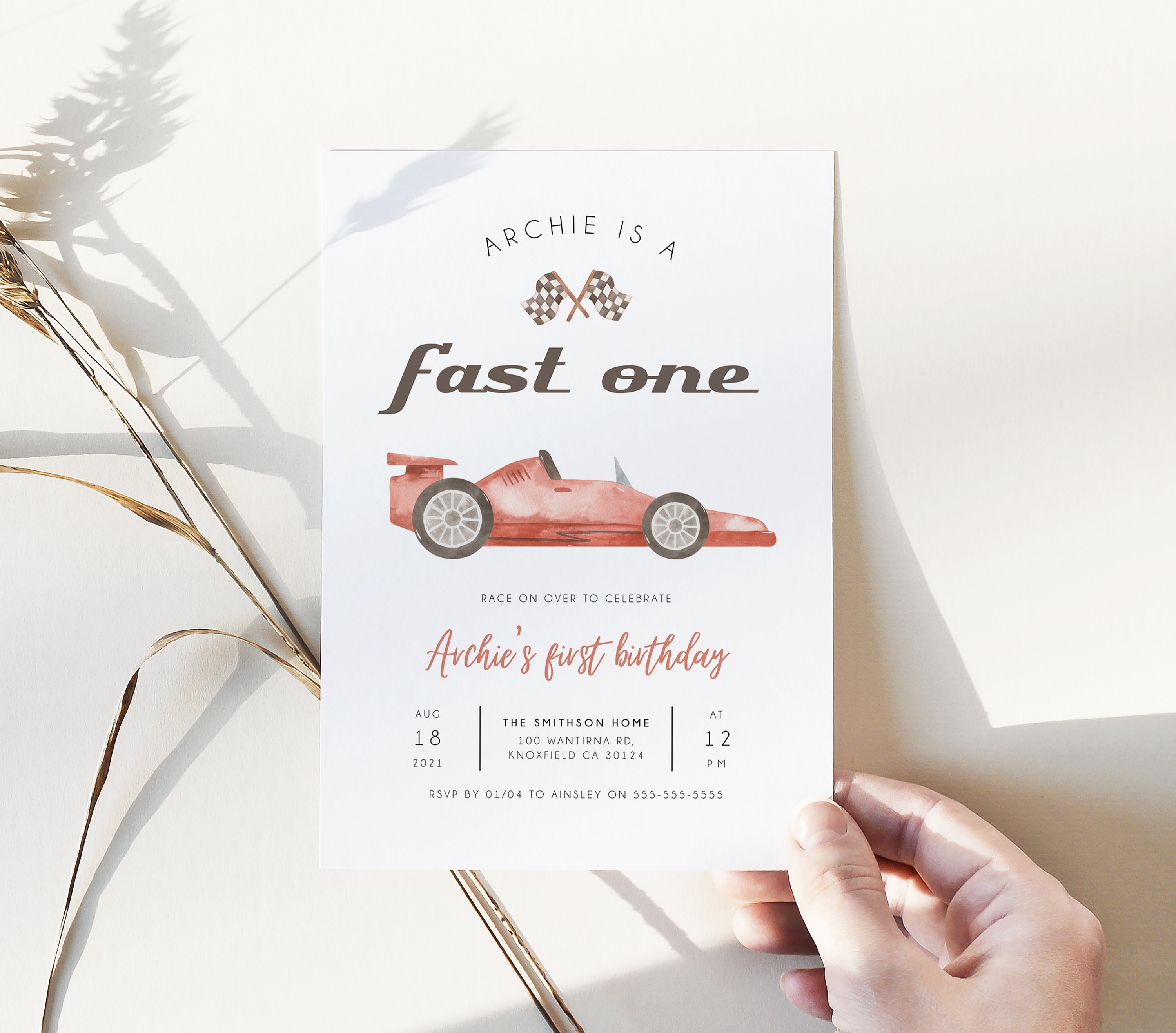 Fast ONE Birthday Invitation Editable, Red Race Car First Birthday ...