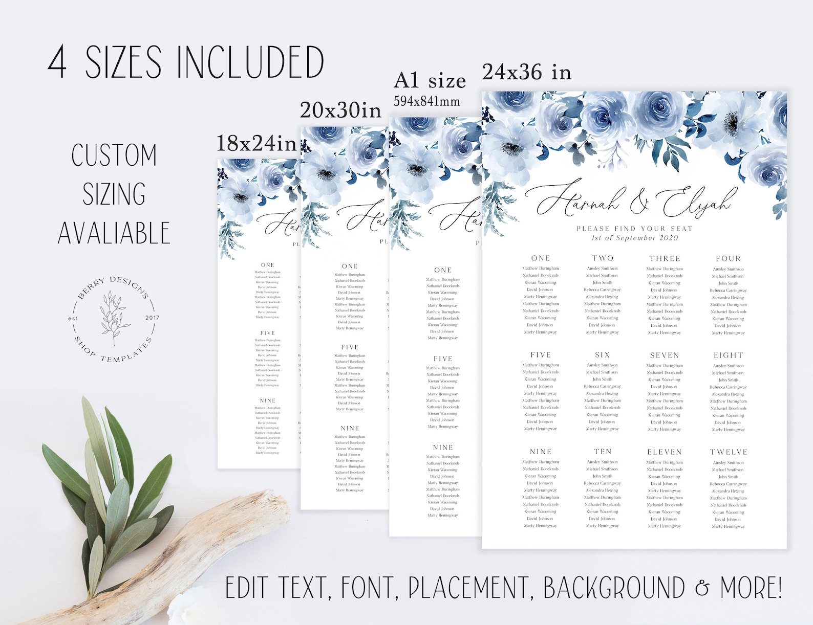 Dusty Blue Wedding Seating Chart, Wedding Seats Plan, Blue Floral Table ...