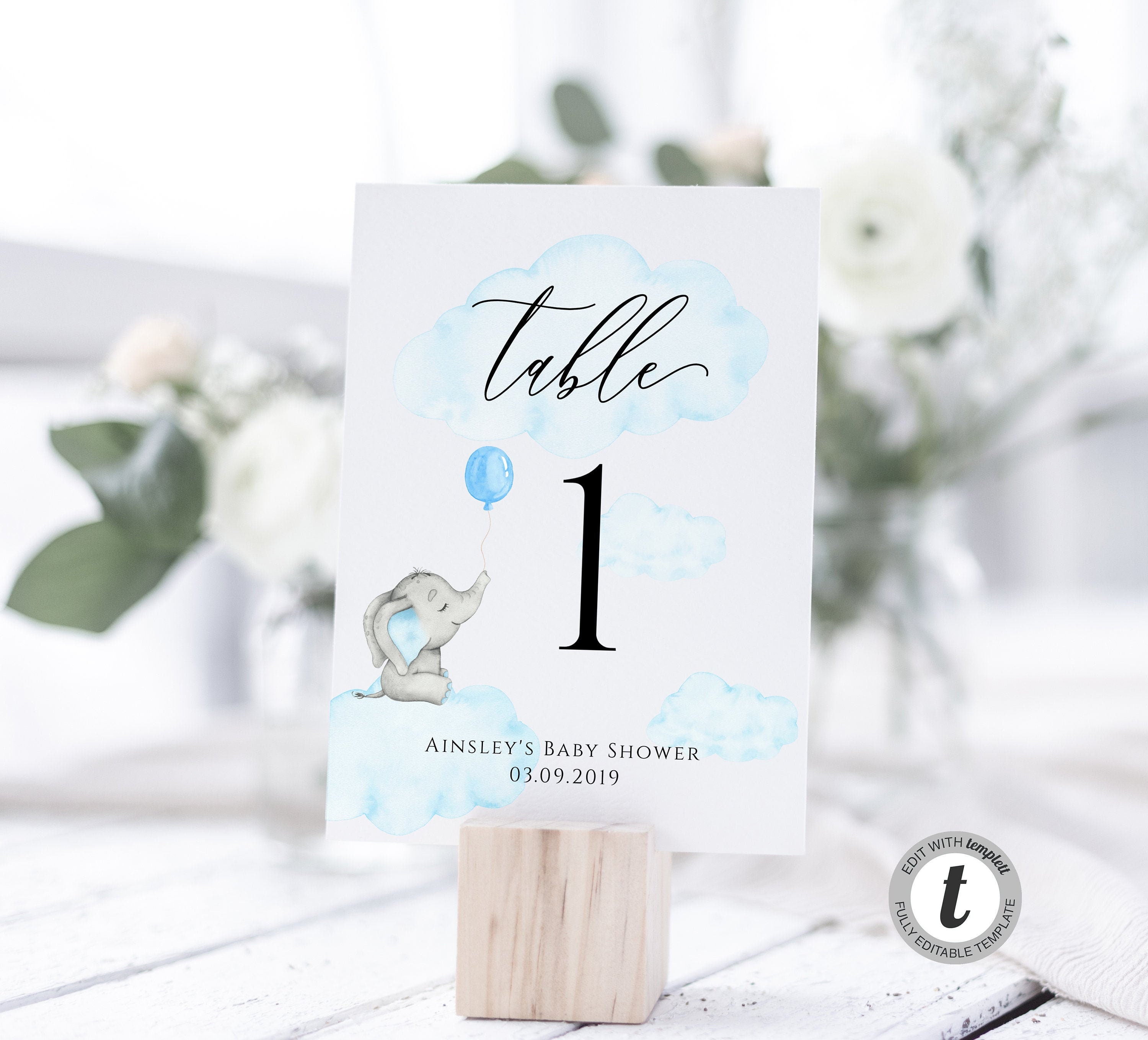 Elephant Baby Shower Table Numbers, Blue Decor (editable Template ...