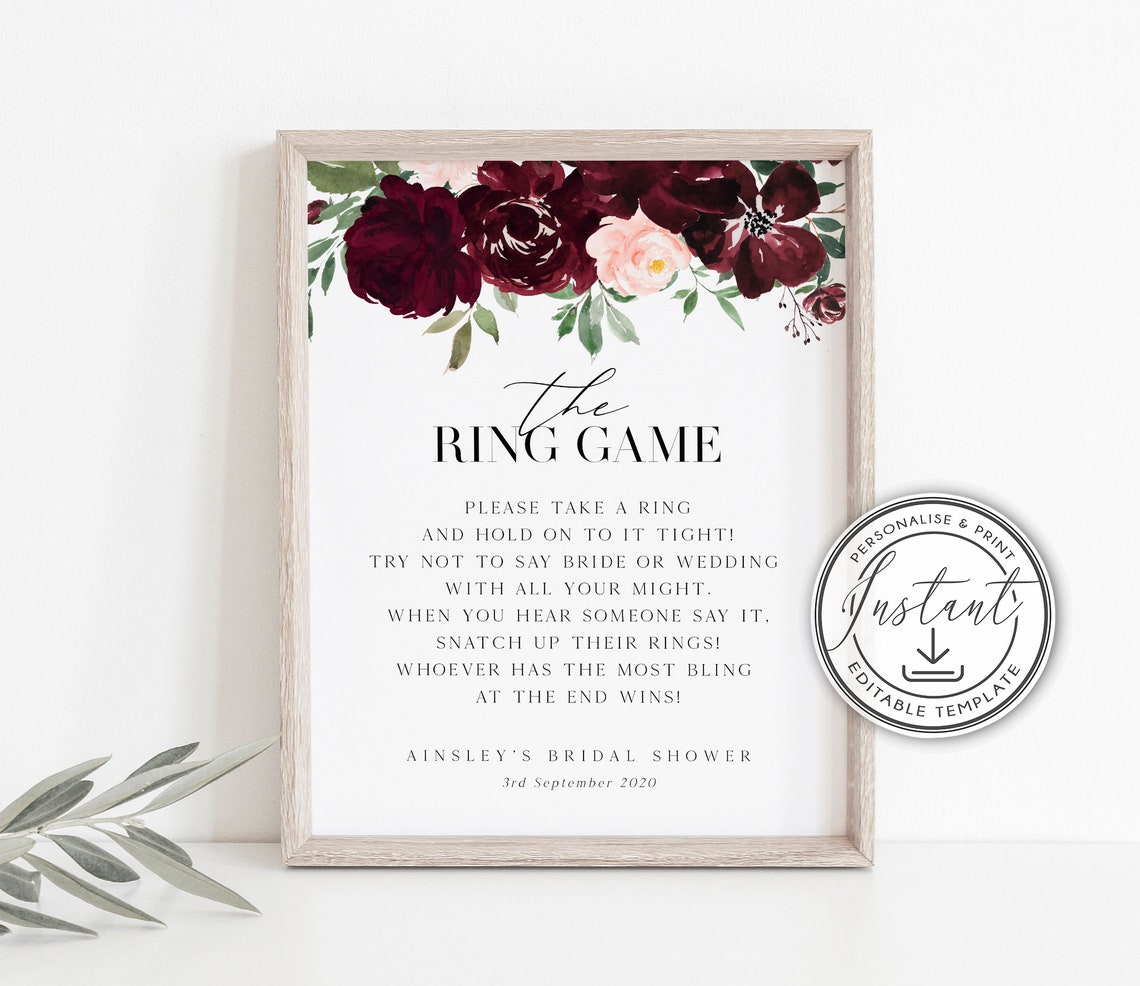Burgundy Floral the Ring Game Sign Template Bridal Shower | Etsy