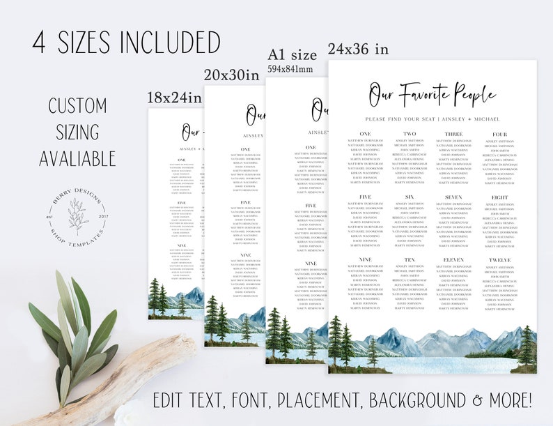 Mountain Seating Chart, Editable Seating Chart, Lake Wedding, DIY Table ...