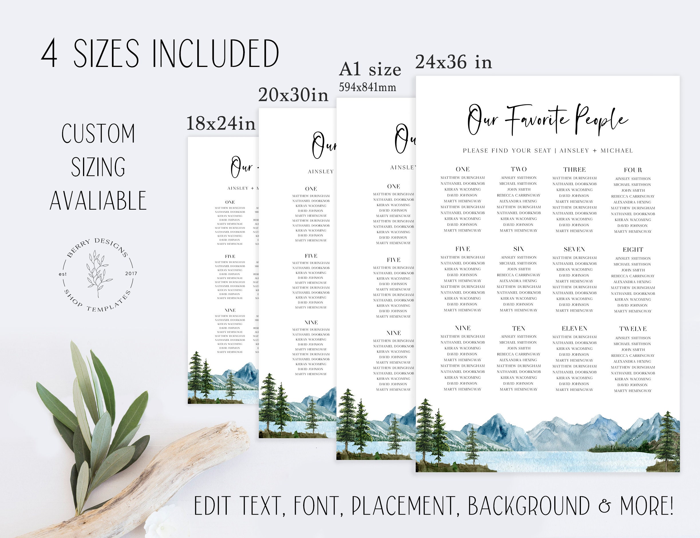 Mountain Seating Chart, Editable Seating Chart, Lake Wedding, DIY Table ...