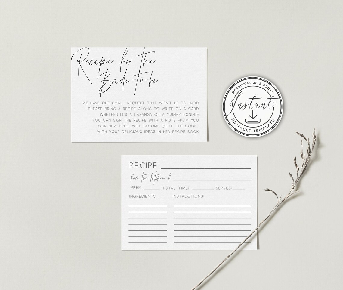 Minimalist Recipe for the Bride-to-be Card Inserts, Editable Template ...