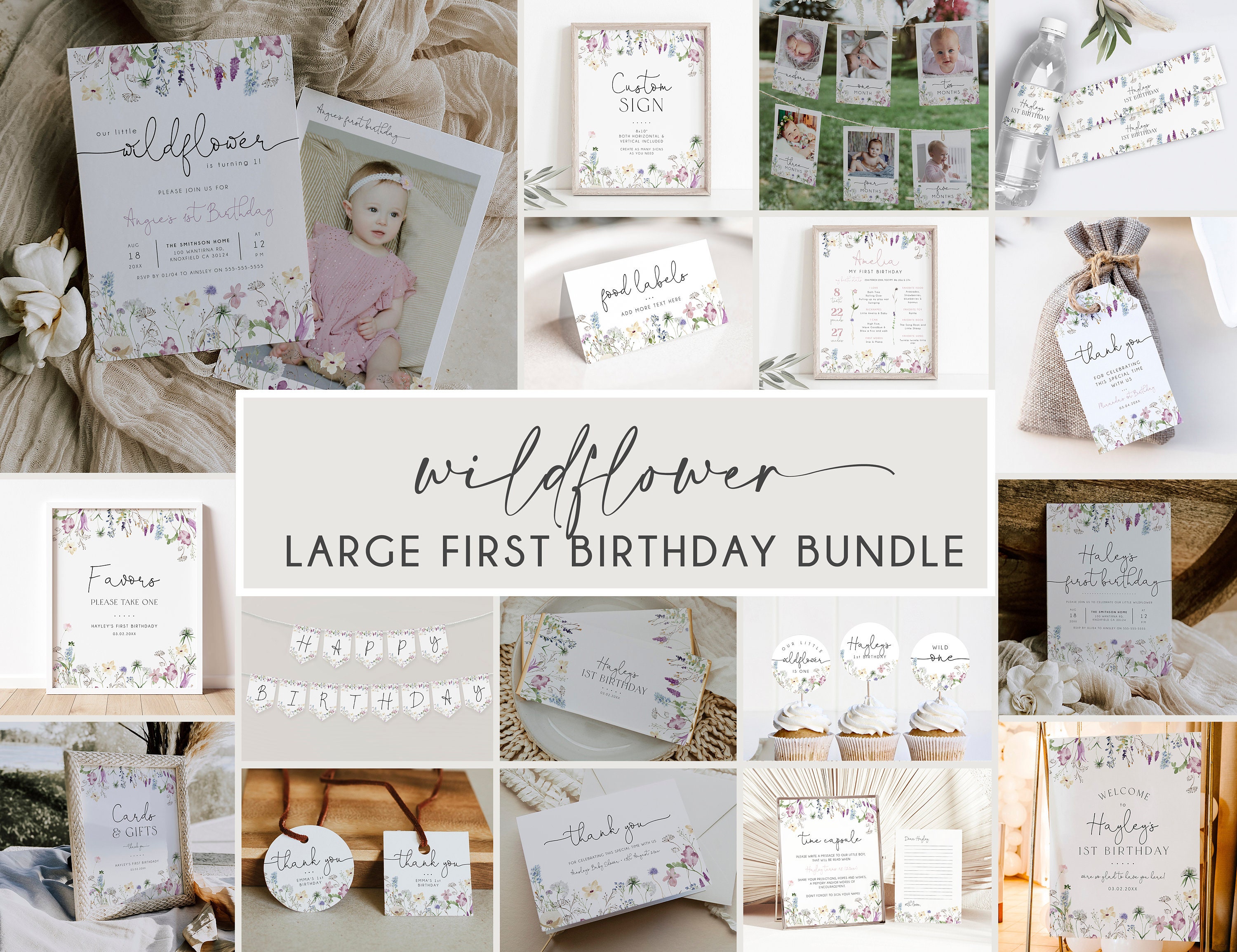 Girls First Birthday Invitation Bundle, Wildflower Birthday Invitation ...