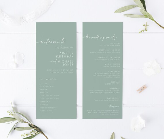 Green Minimalist Wedding Program Editable Template Modern | Etsy