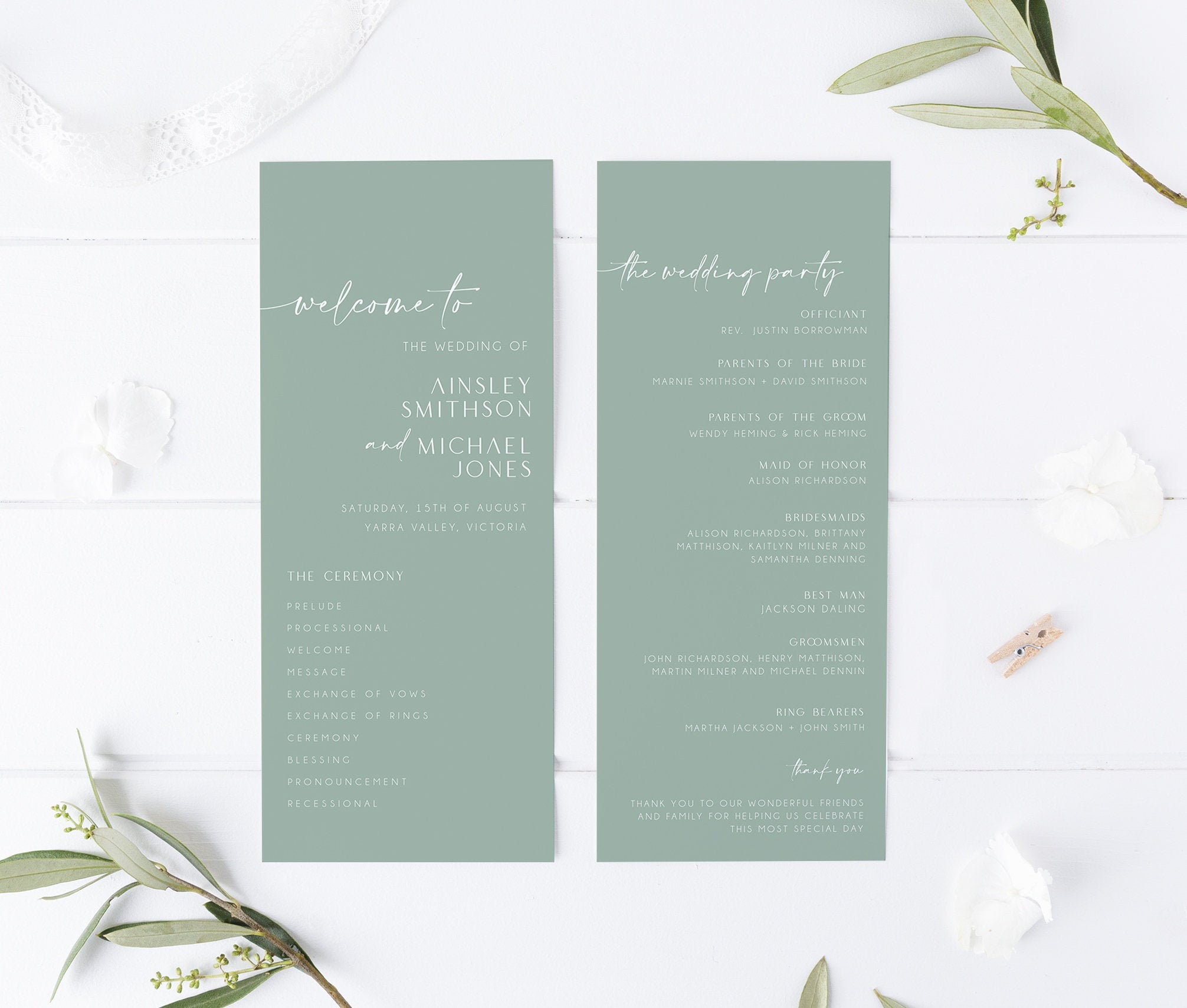 Green Minimalist Wedding Program Editable Template, Modern Eucalyptus ...
