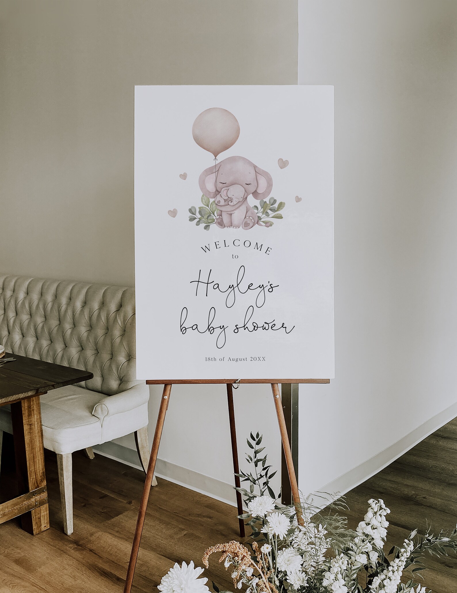 Beige Elephant Welcome Sign Template, Greenery Elephant Large Baby ...