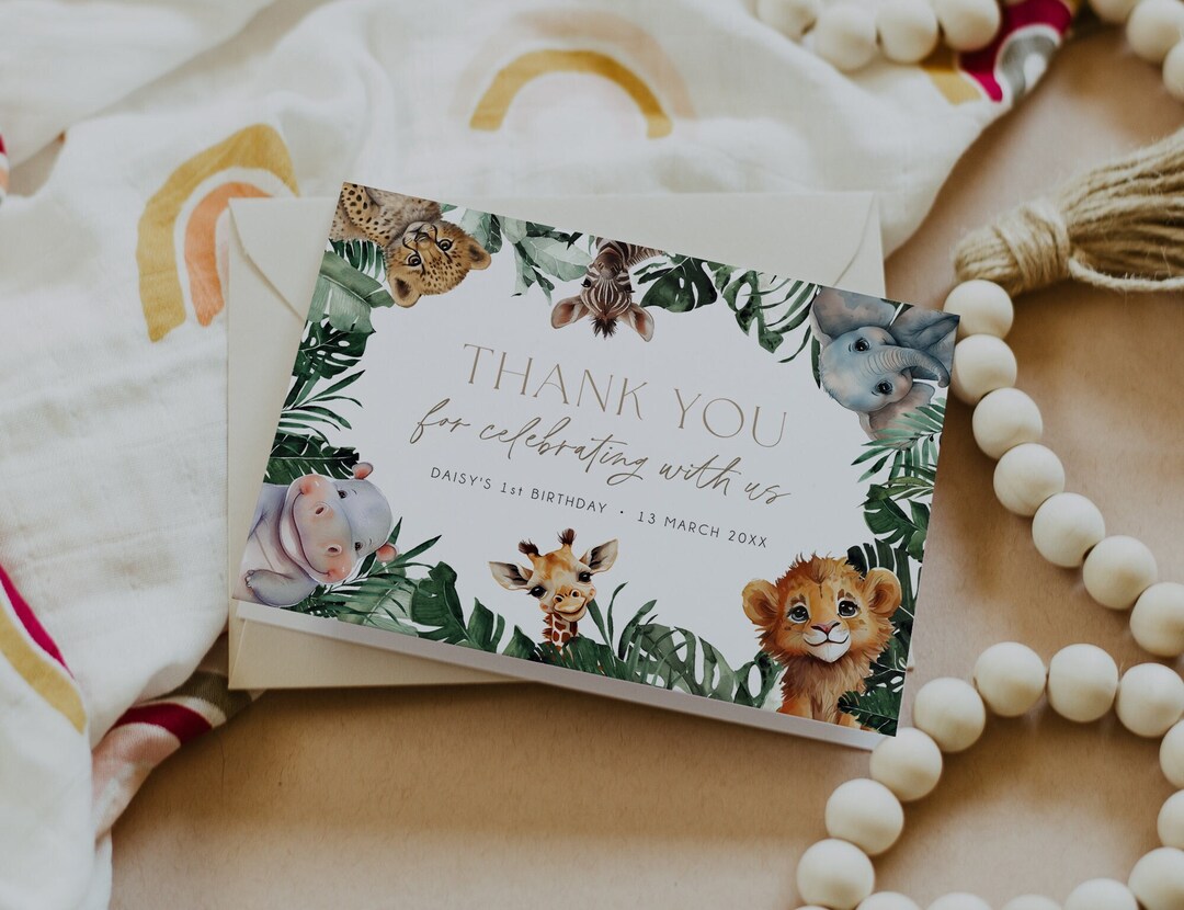 Safari Animals Thank You Card Template, Wild One Birthday Thank You ...