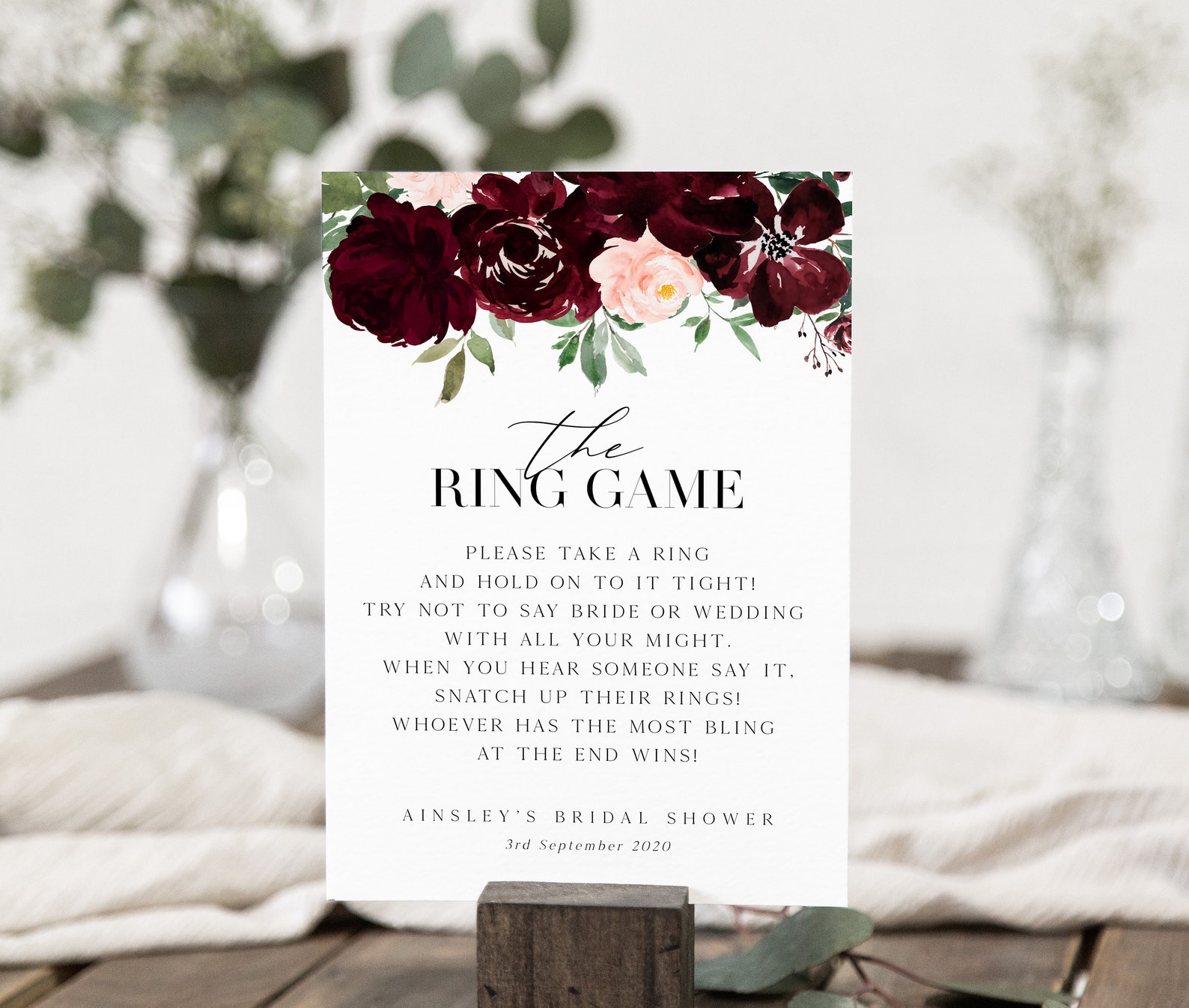 Burgundy Floral the Ring Game Sign Template Bridal Shower | Etsy