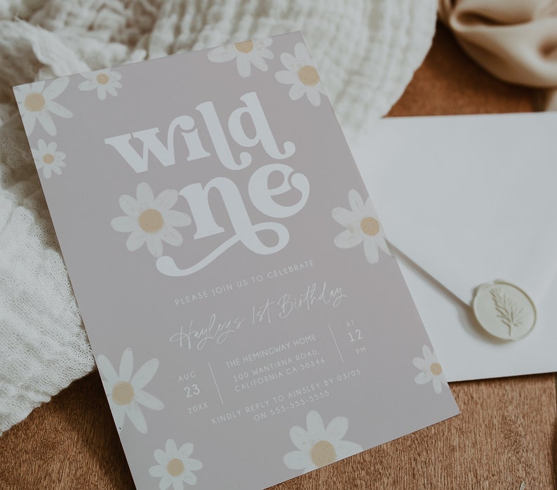 Daisy First Birthday Invitation, Wild One Floral Birthday Invite ...