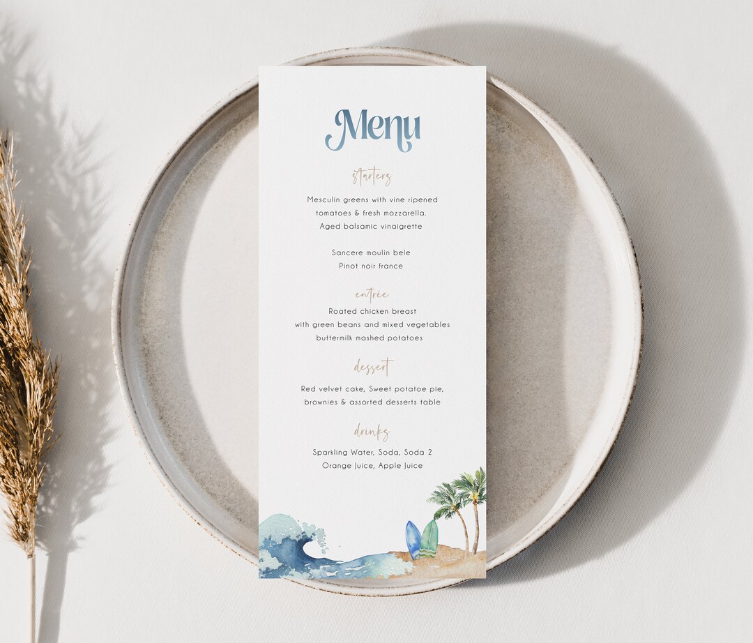 Ocean & Surf Menu Editable Template, Beach Baby Shower Menu Template ...
