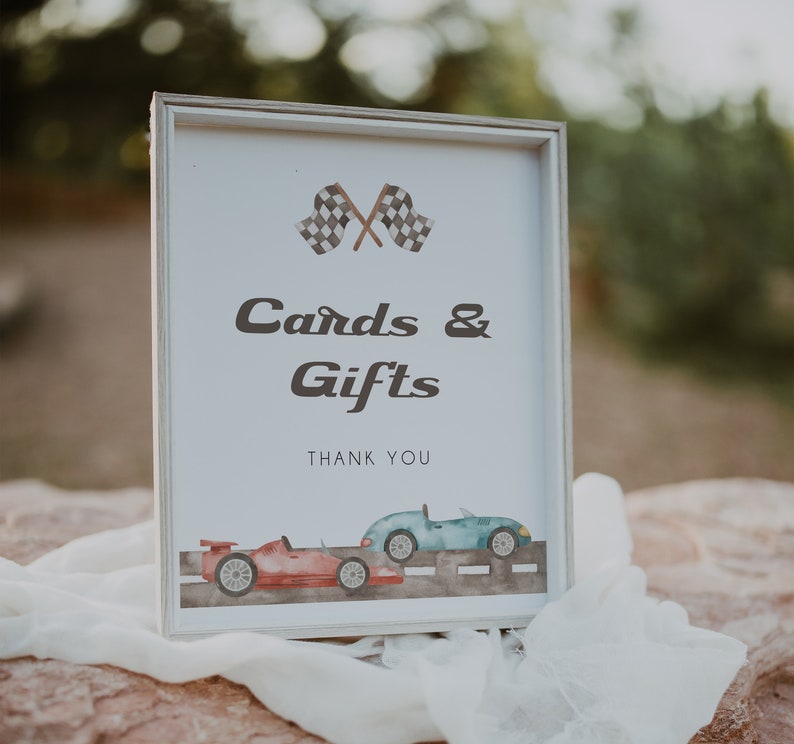 Race Car Cards & Gifts Sign Template, Race Car Birthday Sign, Editable ...