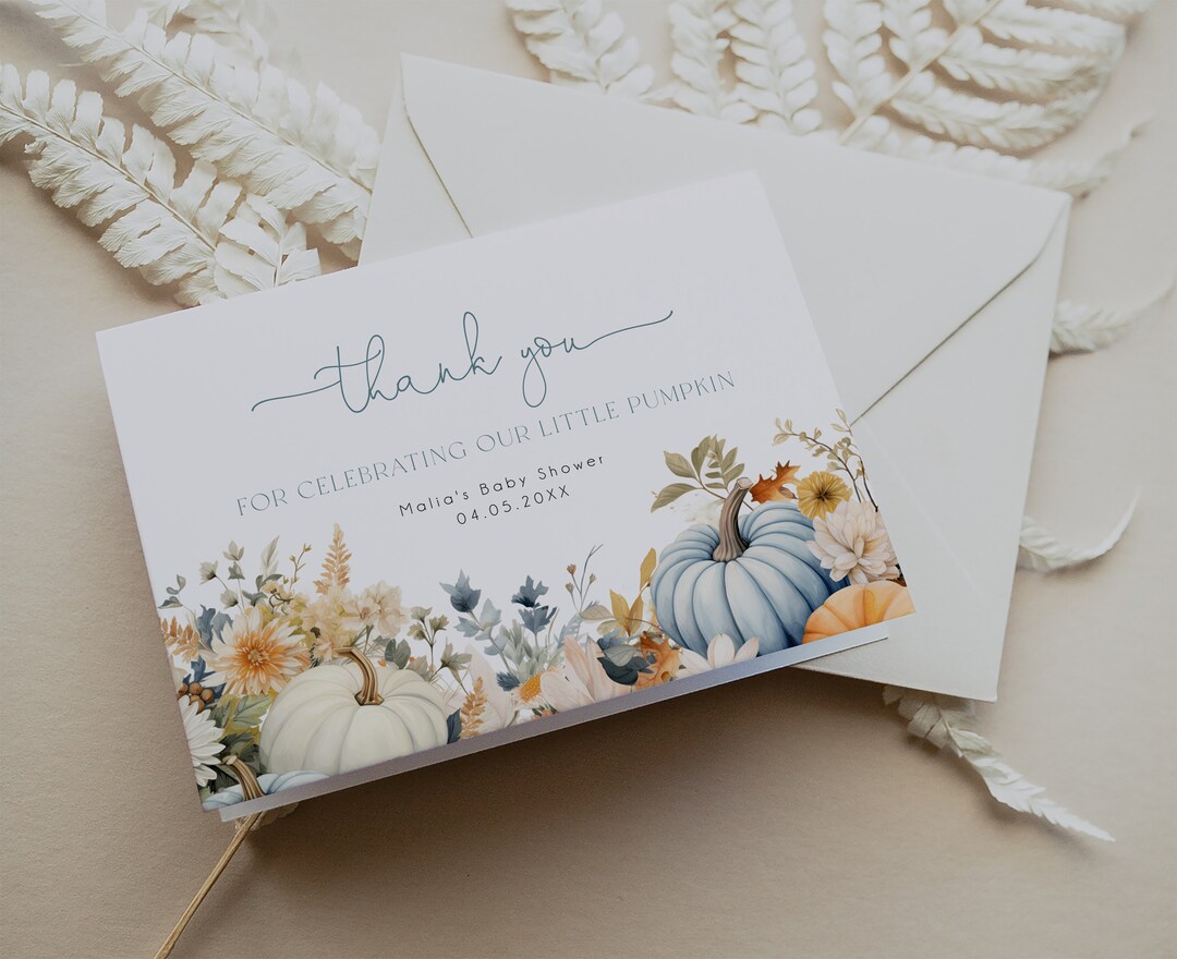 Fall Thank You Printable Card, Blue Pumpkin Thank You Card, Fall Baby ...