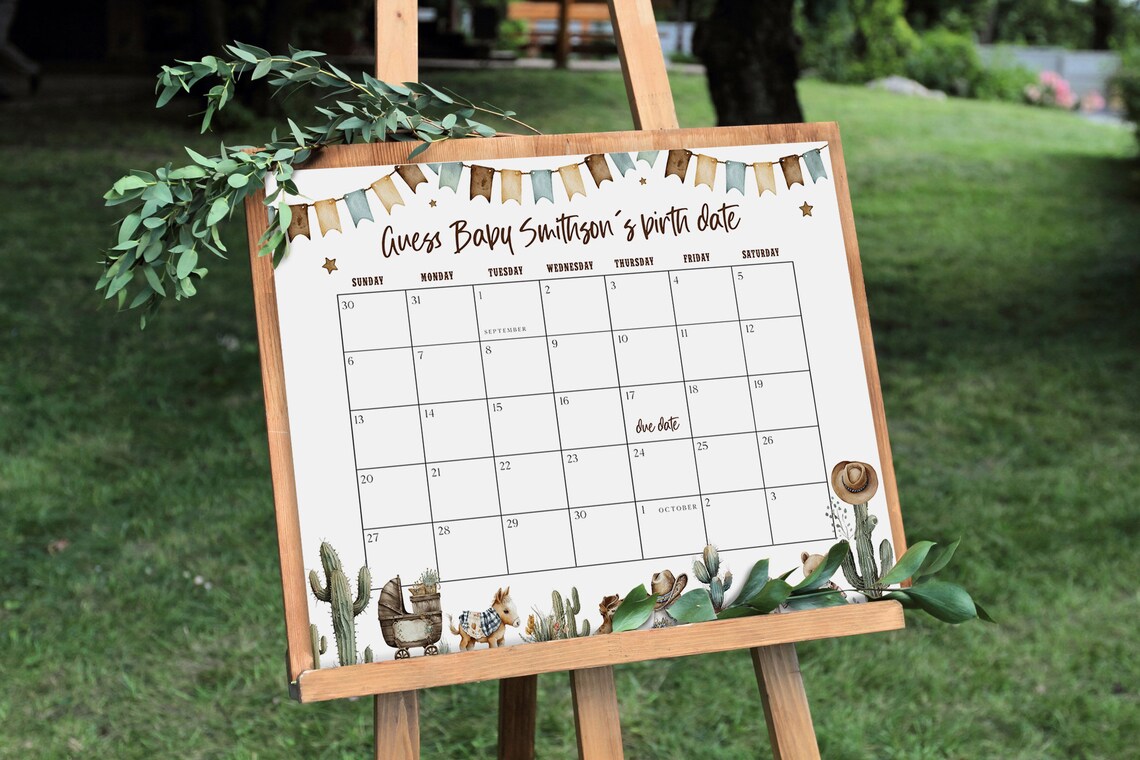 Cowboy Guess Baby Due Date Calender Game Sign, Editable Template ...