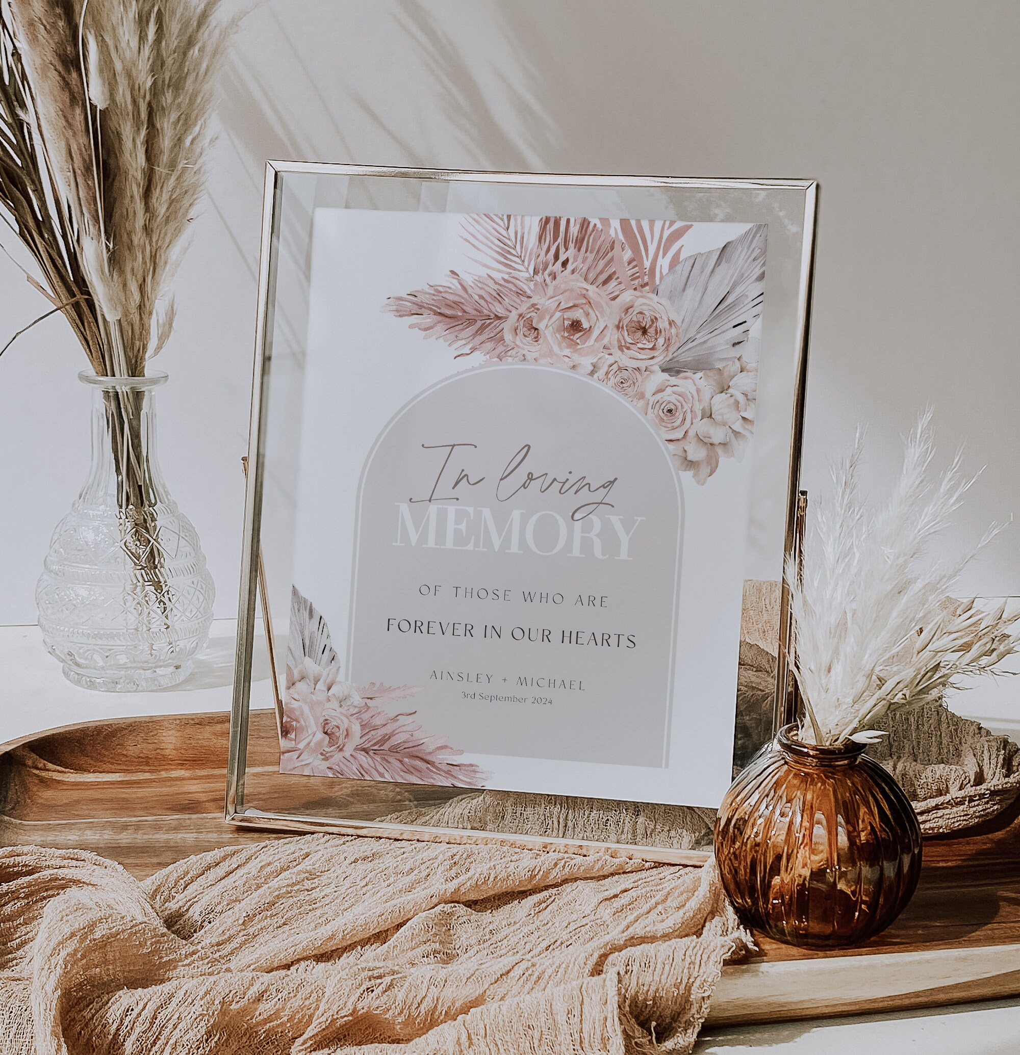 Boho Arch in Loving Memory Wedding Sign Template Beige | Etsy