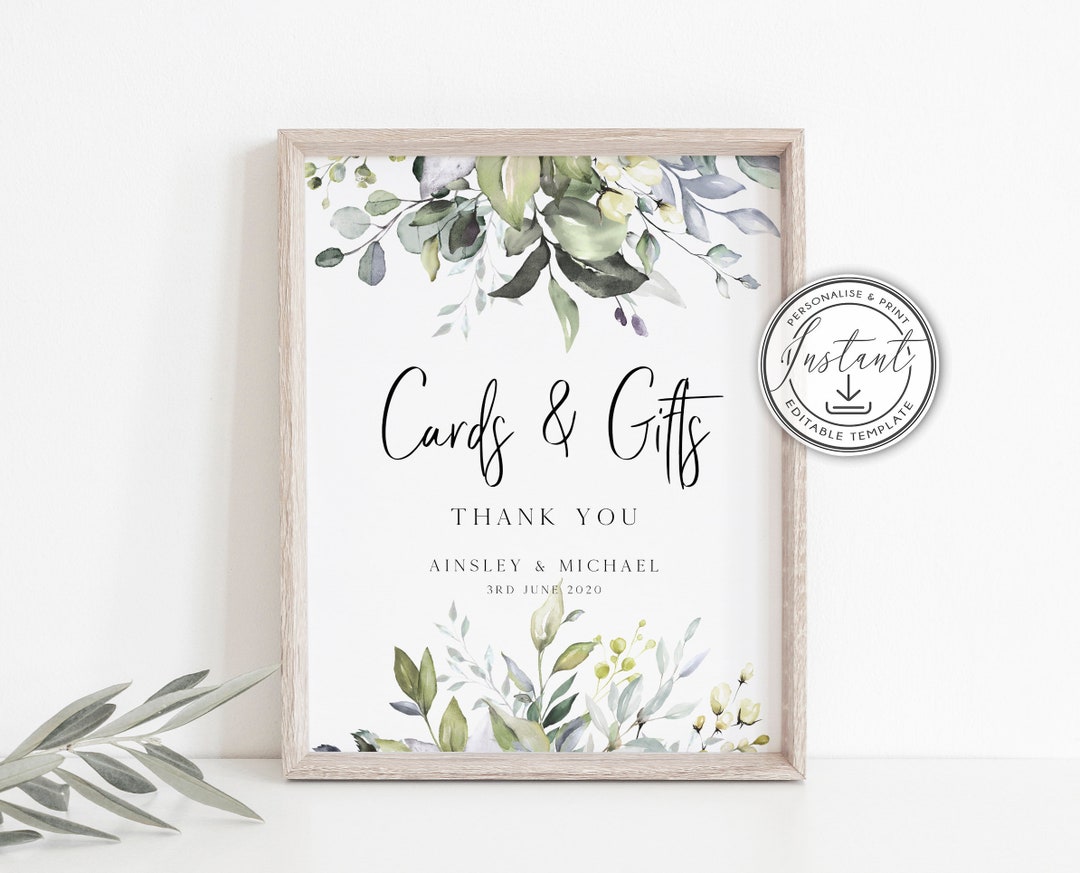 Watercolor Greenery Cards & Gifts Wedding Sign Template, Instant ...