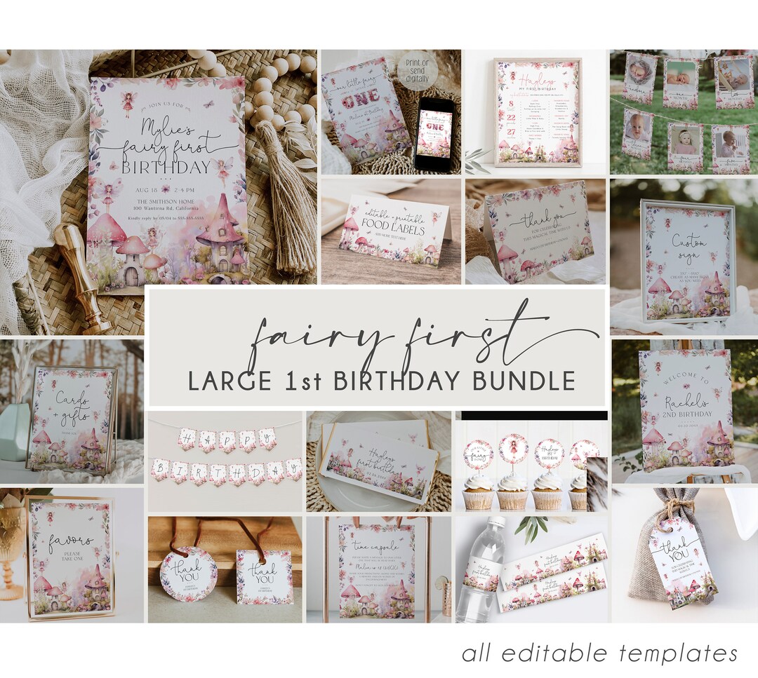Fairy First Birthday Party Invitation Large Bundle, Magical Enchanted ...