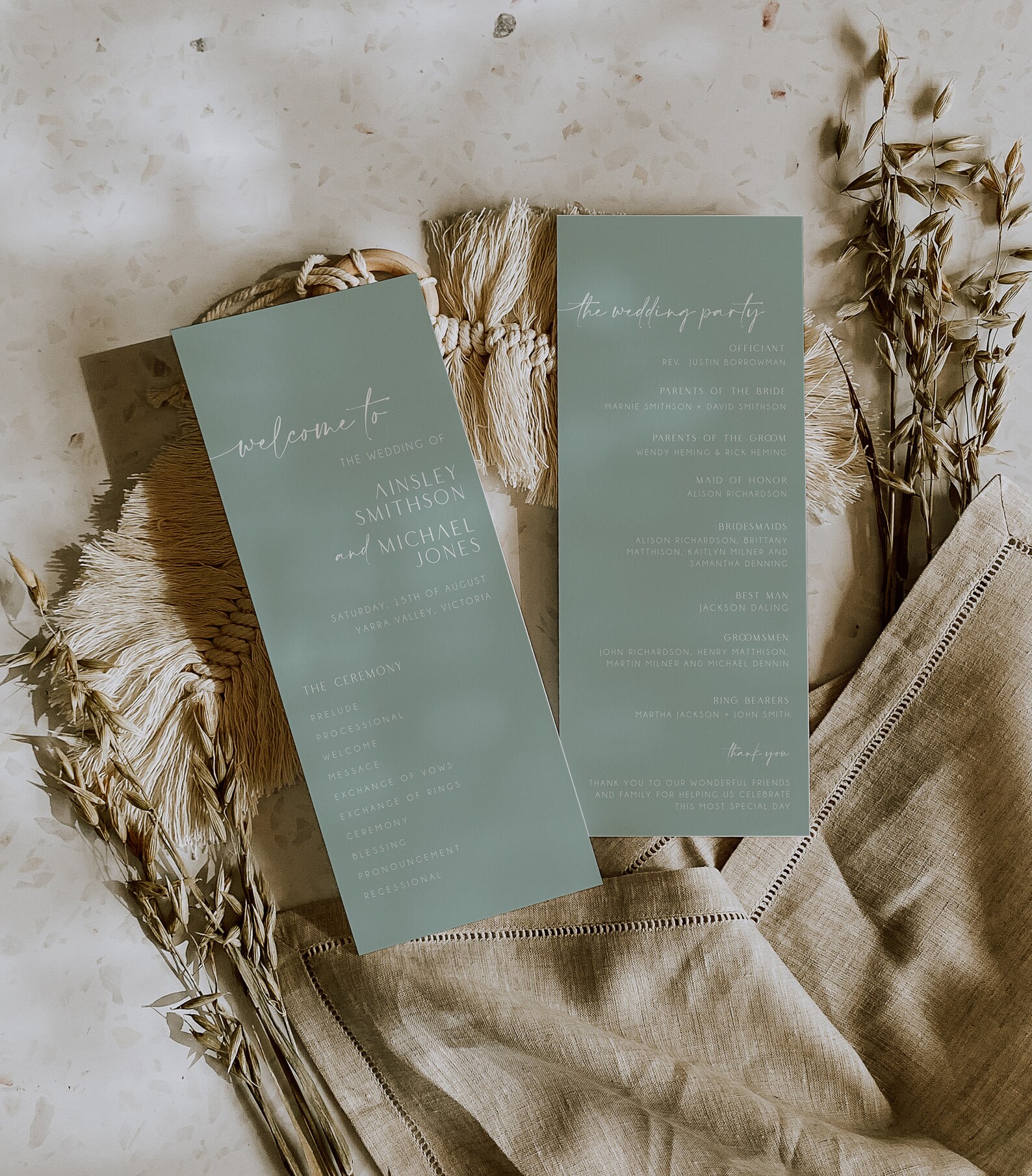 Green Minimalist Wedding Program Editable Template Modern | Etsy