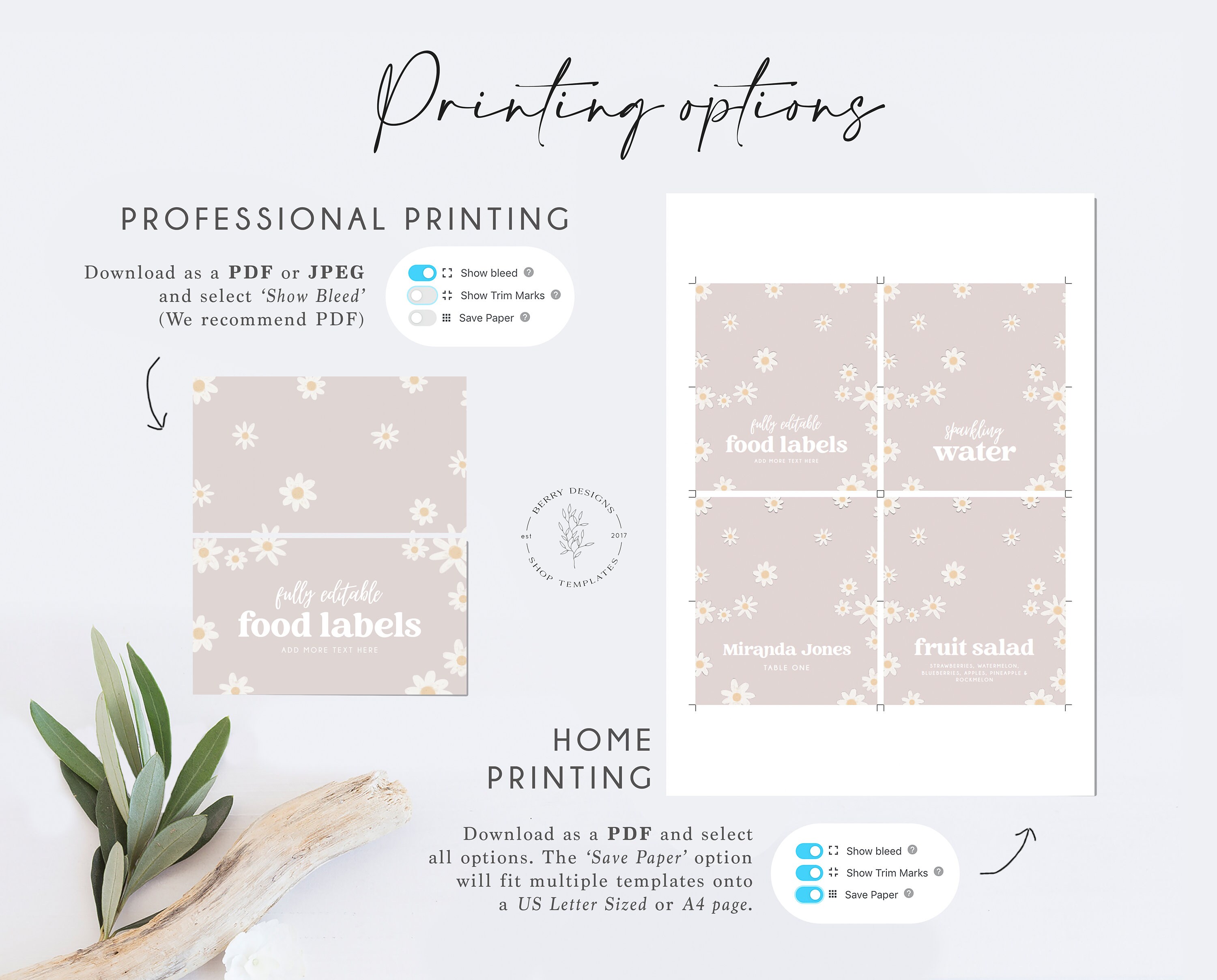 Daisy Food Labels & Name Cards Template Bohemian Daisy - Etsy