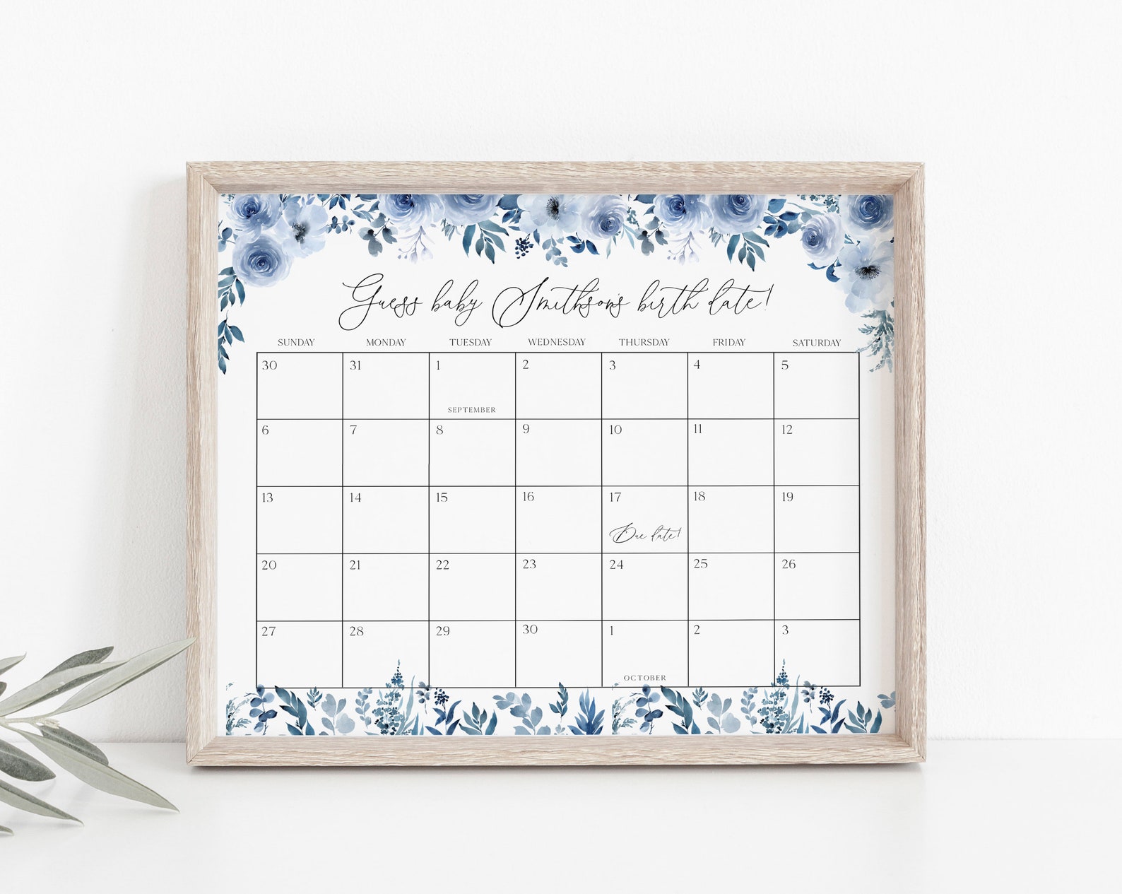 Dusty Blue Guess Baby Due Date Calender Game Sign Editable - Etsy