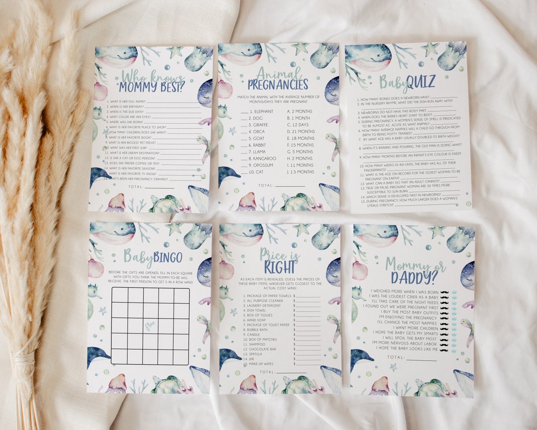 6 Ocean & Sea Baby Shower Game Cards, Editable Template, Gender Neutral ...