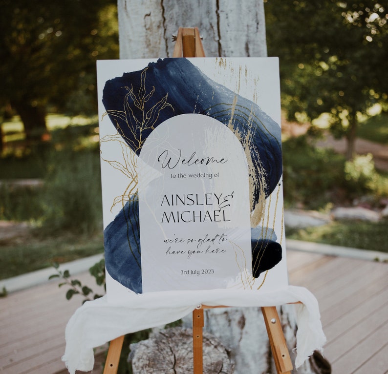 Navy & Gold Wedding Welcome Sign Navy Blue Watercolor Welcome - Etsy