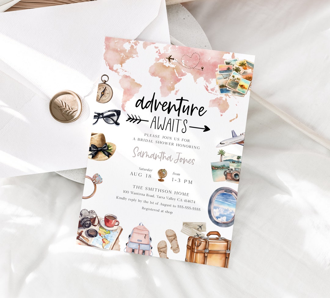 Adventure Awaits Bridal Shower Invitation Template, Travel Themed ...